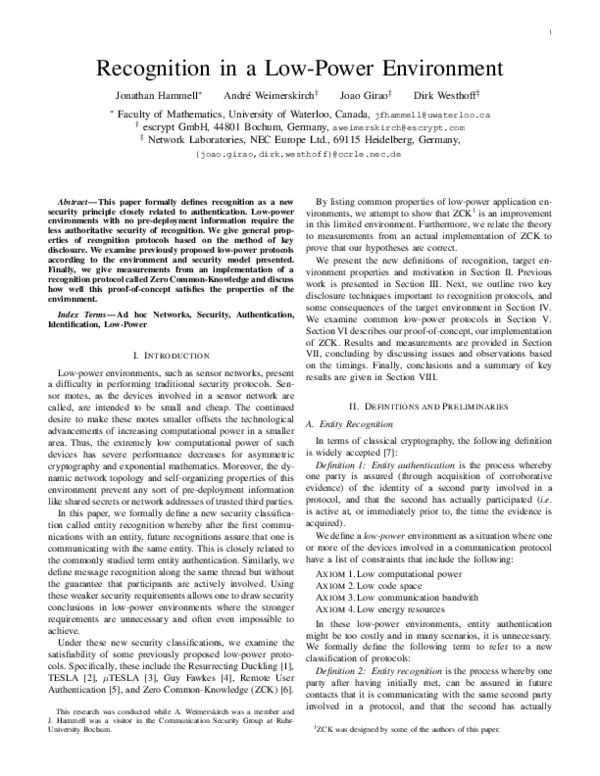 (PDF) Recognition in a Low-Power Environment