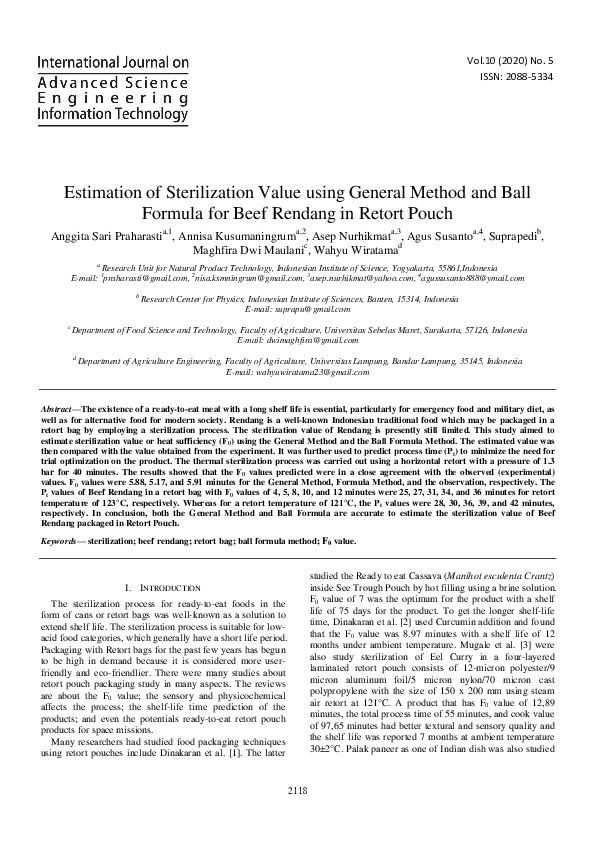 (PDF) Estimation of Sterilization Value using General Method and Ball ...