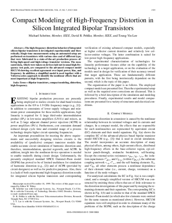 Pdf Compact Modeling Of High Frequency Distortion In Silicon Integrated Bipolar Transistors