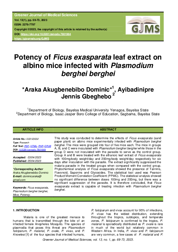 (PDF) Potency of Ficus exasparata leaf extract on albino mice infected ...