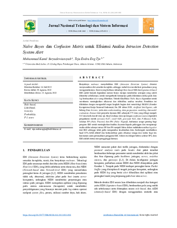 Pdf Naïve Bayes Dan Confusion Matrix Untuk Efisiensi Analisa Intrusion Detection System Alert