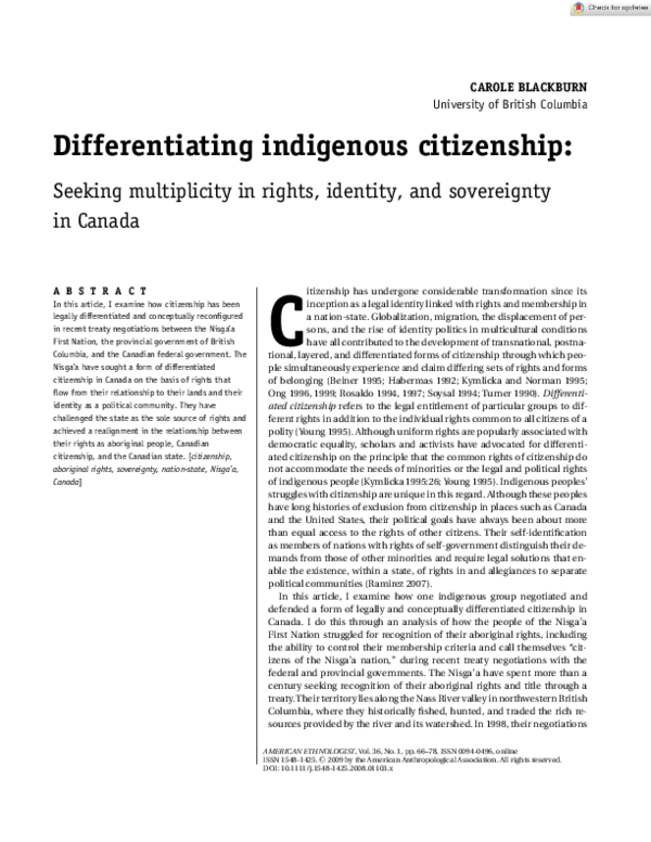 (PDF) Differentiating indigenous citizenship: Seeking multiplicity in ...