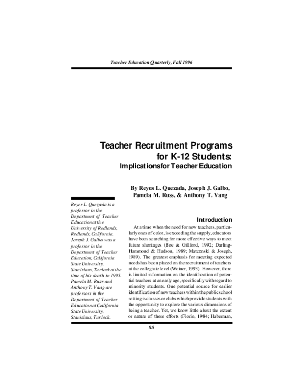 (PDF) Teacher Recruitment Programs for K-12 Students: Implications for ...