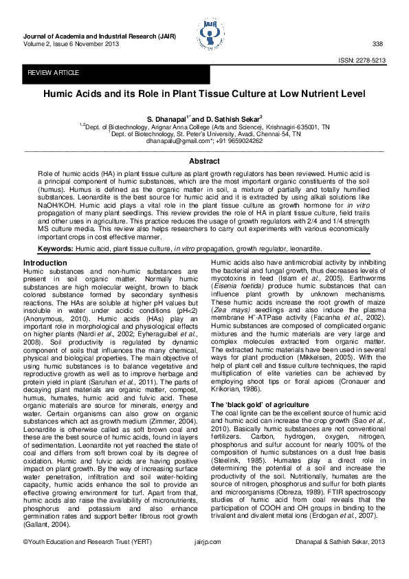 (PDF) Humic Acids and its Role in Plant Tissue Culture at Low Nutrient ...