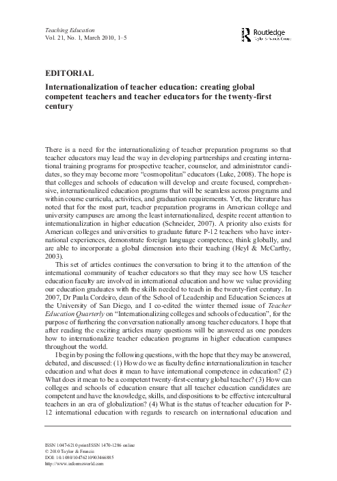 (PDF) Internationalization of teacher education: creating global ...
