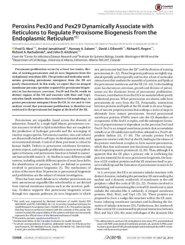 (PDF) Peroxins Pex30 and Pex29 Dynamically Associate with Reticulons to ...