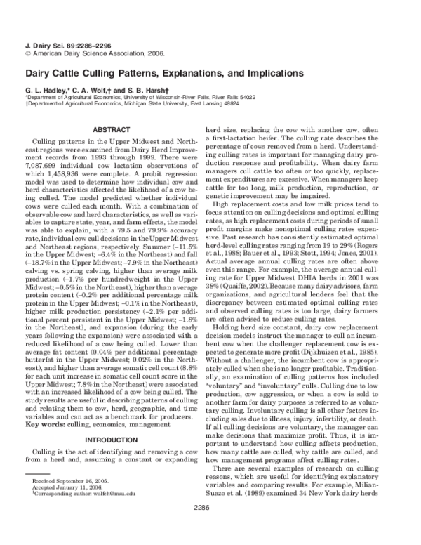(PDF) Dairy Cattle Culling Patterns, Explanations, and Implications