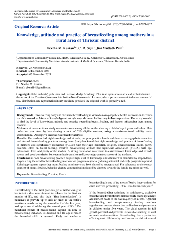 (PDF) Knowledge, attitude and practice of breastfeeding among mothers in a rural area of ...