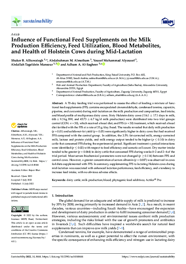 (PDF) Influence of Functional Feed Supplements on the Milk Production Efficiency, Feed ...