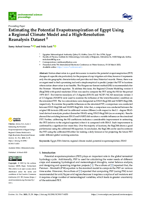 (PDF) Estimating the Potential Evapotranspiration of Egypt Using a Regional Climate Model and a ...