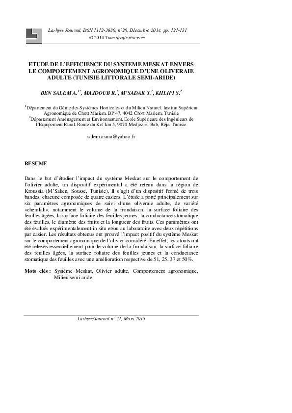 (PDF) Etude De L’Efficience Du Systeme Meskat Envers Le Comportement ...