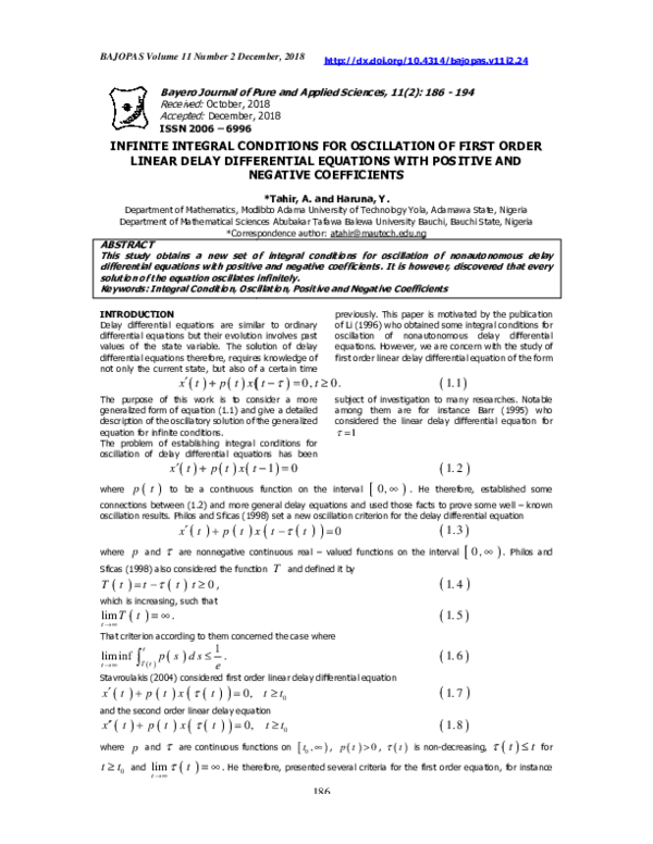 Pdf Infinite Integral Conditions For Oscilation Of First Order Linear Delay Differential