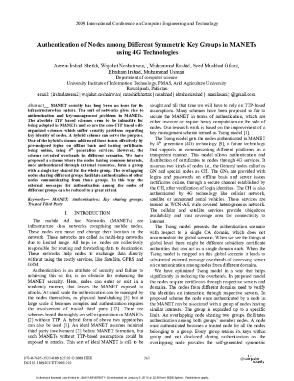 Pdf Authentication Of Nodes Among Different Symmetric Key Groups In Manets Using 4g Technologies