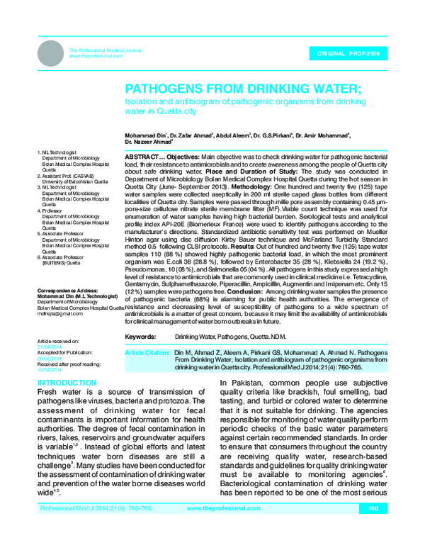 (PDF) Pathogens from Drinking Water | Ghulam Pirkani - Academia.edu