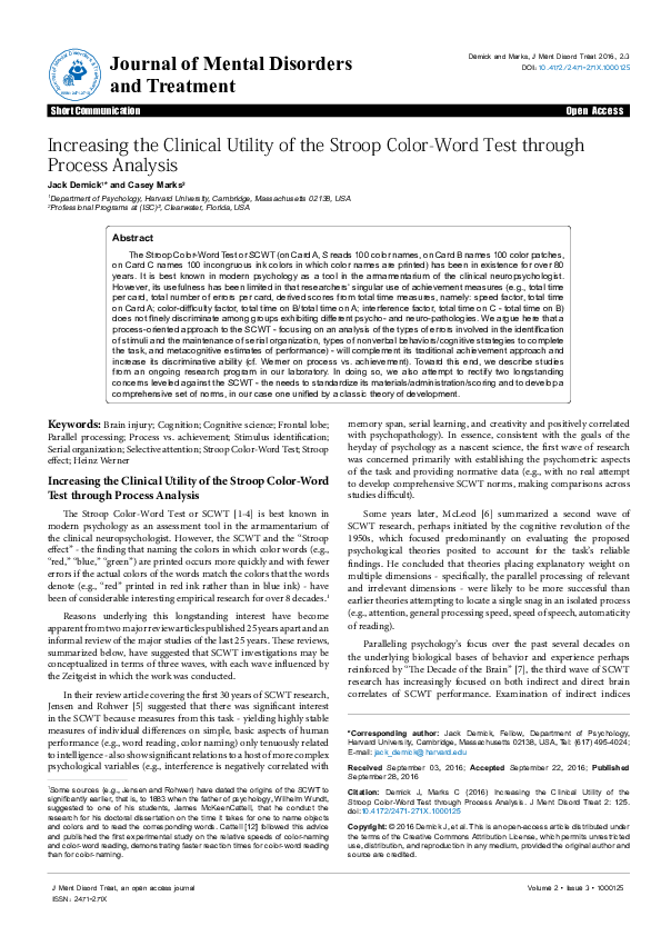 Pdf Increasing The Clinical Utility Of The Stroop Color Word Test Through Process Analysis