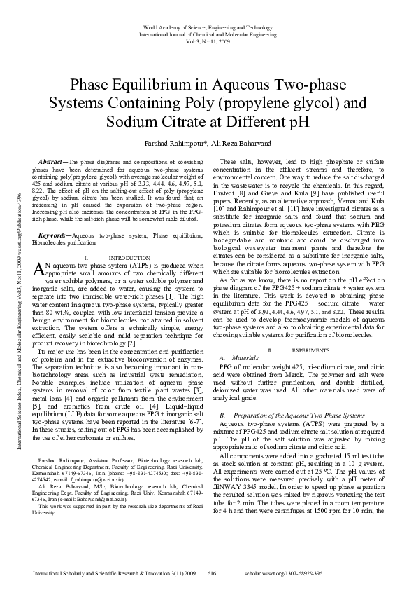 (PDF) Phase Equilibrium in Aqueous Two-phase Systems Containing Poly (propylene glycol) and ...
