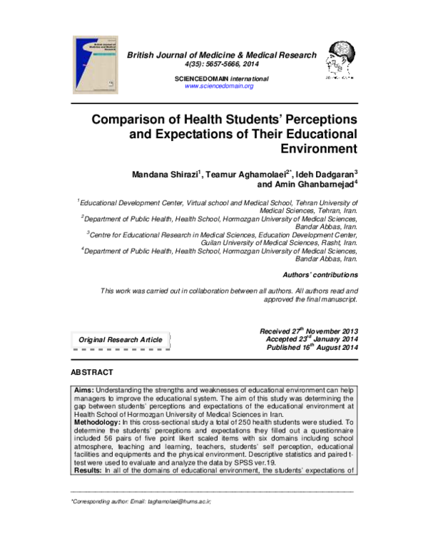 (PDF) Comparison of Health Students’ Perceptions and Expectations of ...
