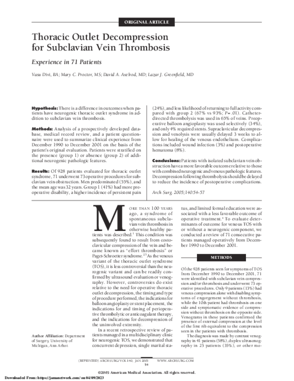 (PDF) Thoracic Outlet Decompression for Subclavian Vein Thrombosis ...