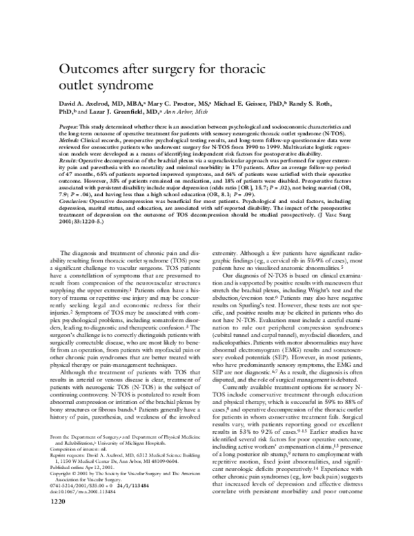 (PDF) Outcomes after surgery for thoracic outlet syndrome | Mary ...