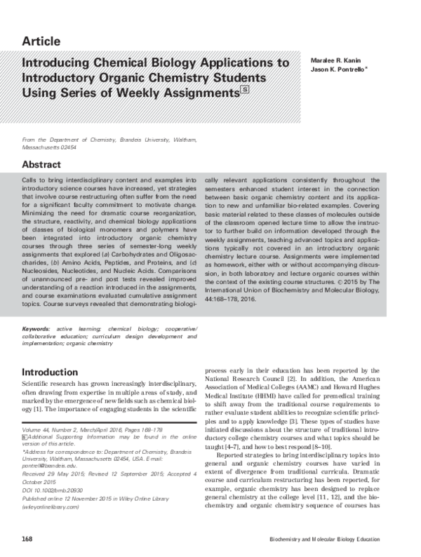 (PDF) Introducing chemical biology applications to introductory organic ...
