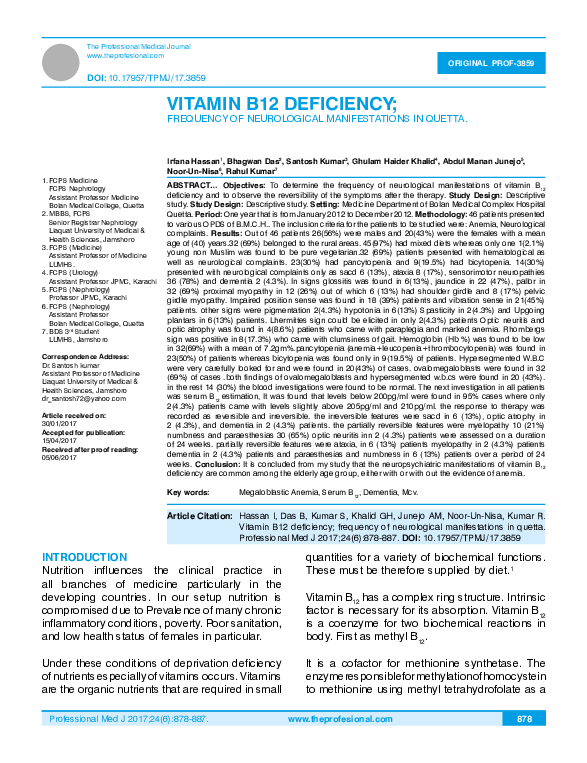 (PDF) Vitamin B12 Deficiency; Frequency of Neurological Manifestations in Quetta