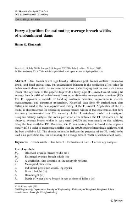 (PDF) Neuro-fuzzy models for prediction of breach formation time of embankment dams | Hasan ...