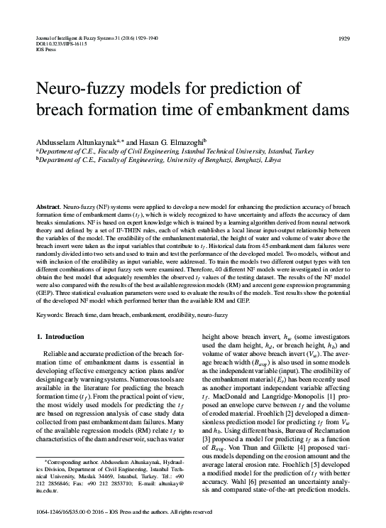 (PDF) Neuro-fuzzy models for prediction of breach formation time of embankment dams | Hasan ...