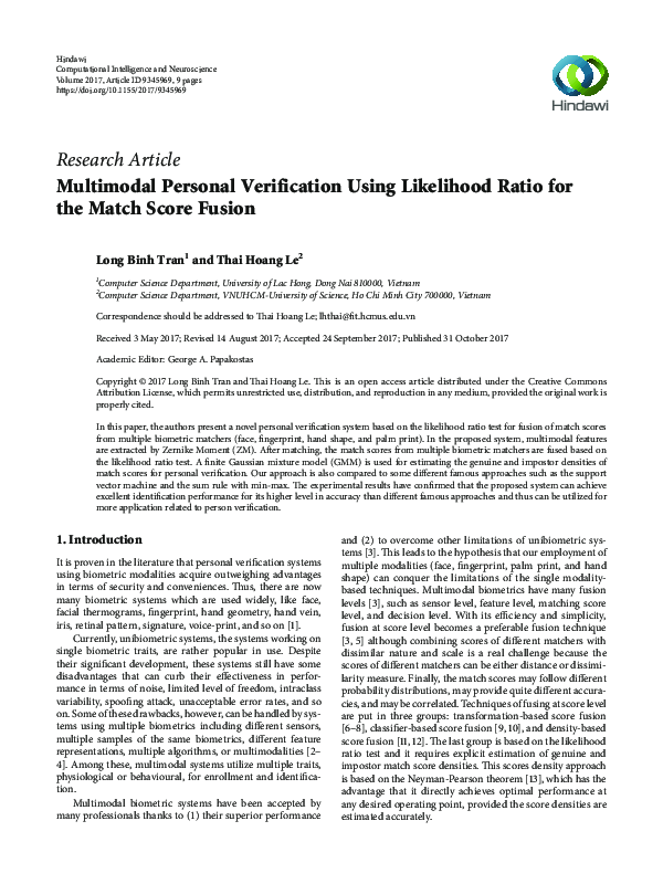 (PDF) Multimodal Personal Verification Using Likelihood Ratio for the Match Score Fusion