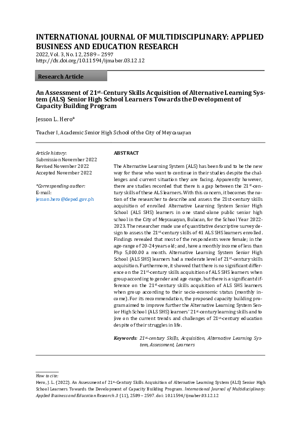 (PDF) An Assessment of 21st-Century Skills Acquisition of Alternative Learning System (ALS ...