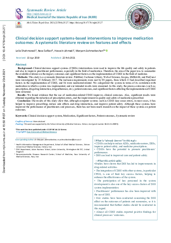 (PDF) Clinical decision support systems-based interventions to improve medication outcomes: A ...