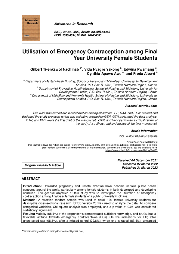(PDF) Utilisation of Emergency Contraception among Final Year ...