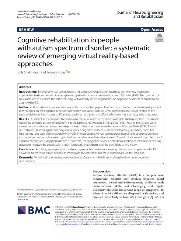 (PDF) Cognitive rehabilitation in people with autism spectrum disorder: a systematic review of ...