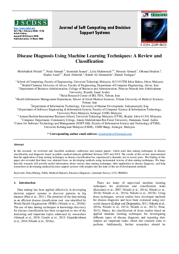 (PDF) Disease Diagnosis Using Machine Learning Techniques: A Review and Classification