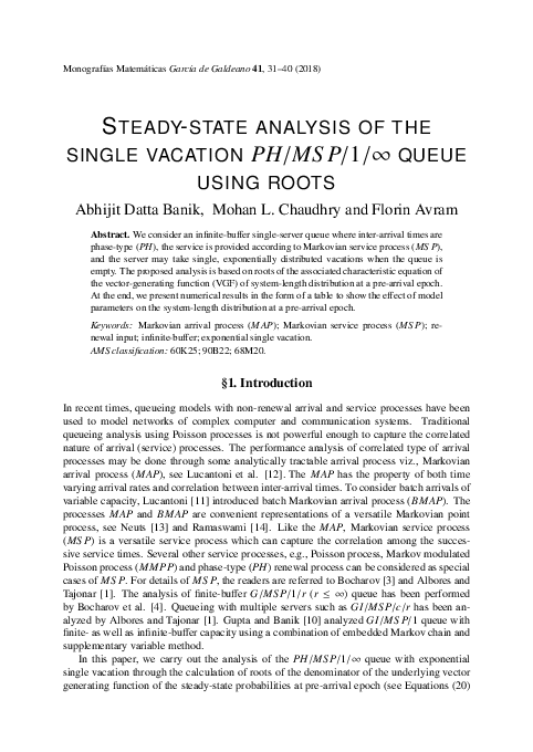 (PDF) Steady-State Analysis of the Single Vacation PH/MS P/1/∞ Queue Using Roots