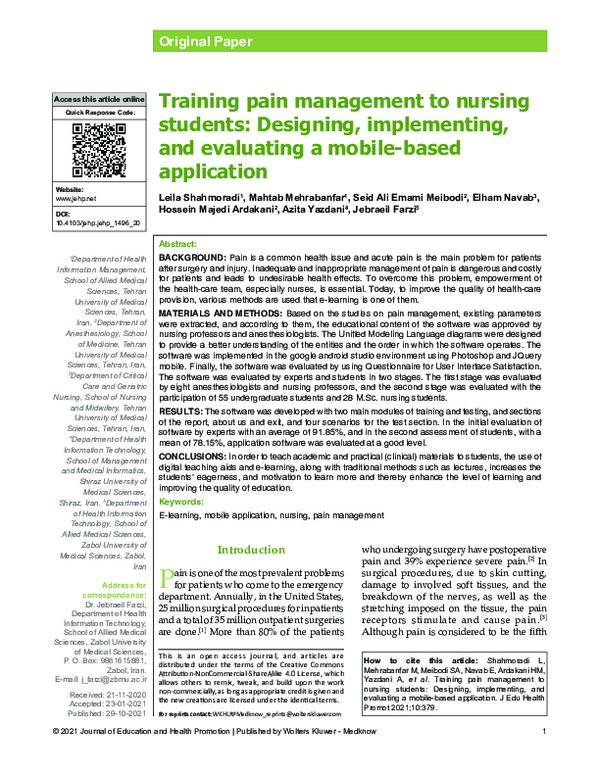 (PDF) Mobile App for Pain Management Training in Nursing Students