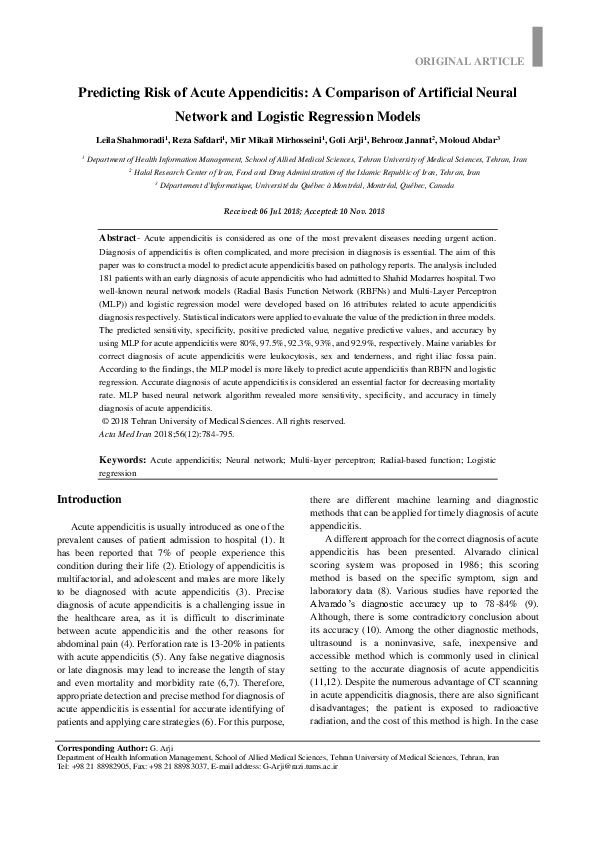 (PDF) Predicting risk of acute appendicitis: a comparison of artificial neural network and ...
