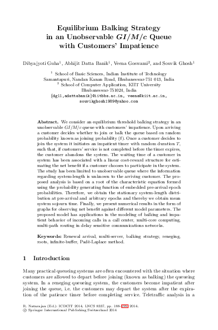 (PDF) Equilibrium Balking Strategy in an Unobservable GI/M/c Queue with ...