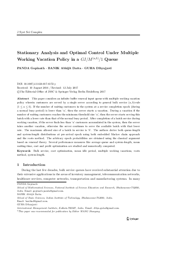 (PDF) Stationary Analysis and Optimal Control Under Multiple Working Vacation Policy in a GI/M(a ...