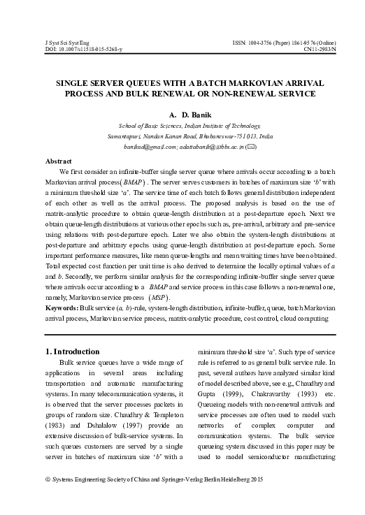 (PDF) Single server queues with a batch Markovian arrival process and bulk renewal or non ...