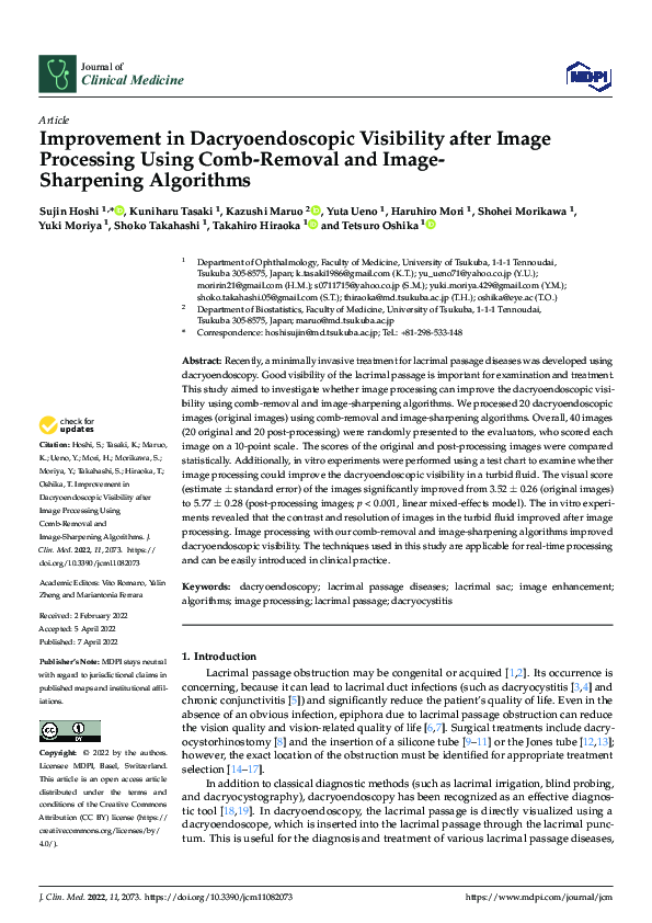 (PDF) Improvement in Dacryoendoscopic Visibility after Image Processing Using Comb-Removal and ...