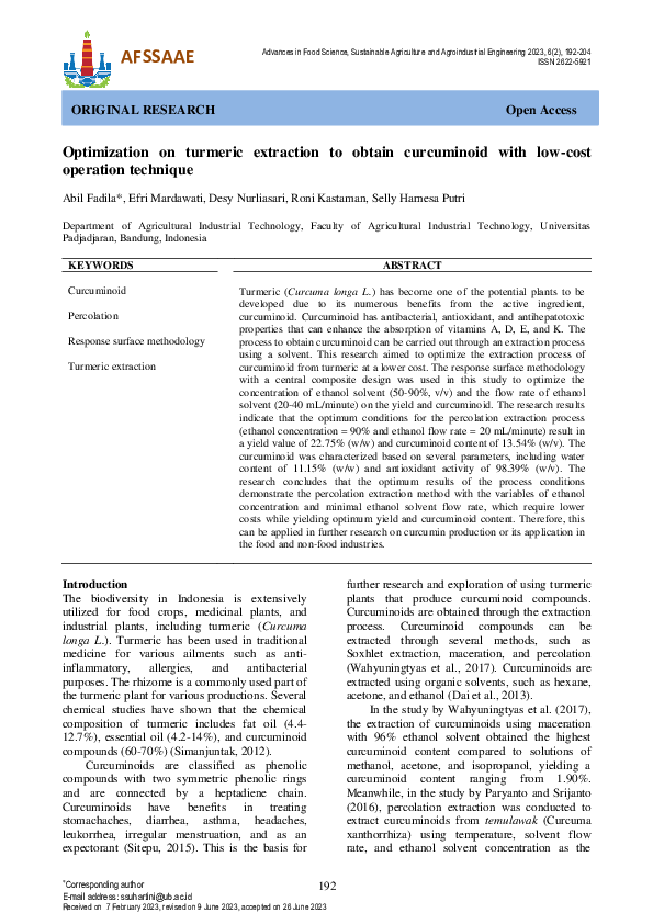 (PDF) Optimization on turmeric extraction to obtain curcuminoid with ...