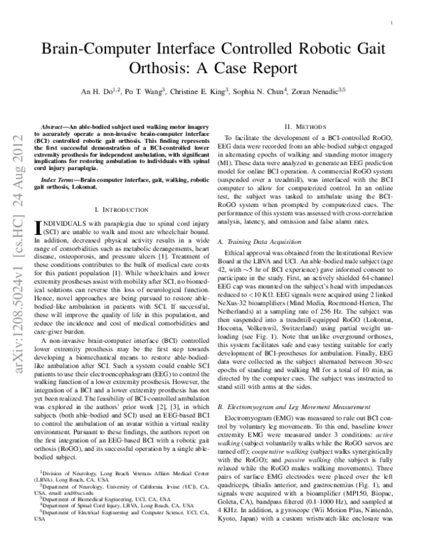 (PDF) Brain-Computer Interface Controlled Robotic Gait Orthosis: A Case Report | Zoran Nenadic ...