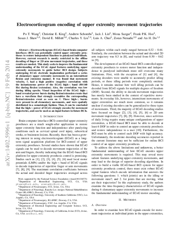 (PDF) Electrocorticogram encoding of upper extremity movement trajectories