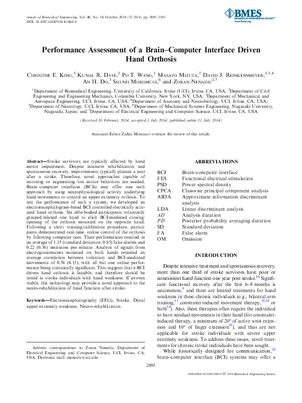 (PDF) Performance Assessment of a Brain–Computer Interface Driven Hand Orthosis