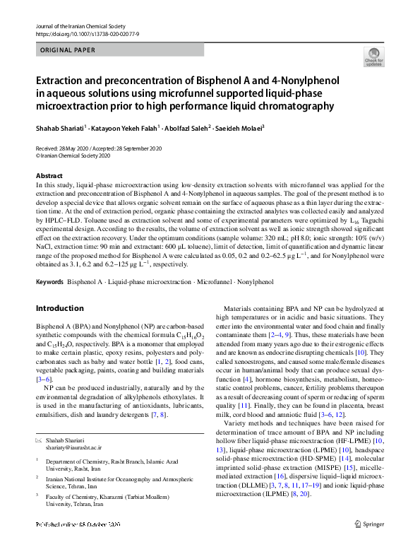 (PDF) Extraction and preconcentration of Bisphenol A and 4-Nonylphenol ...