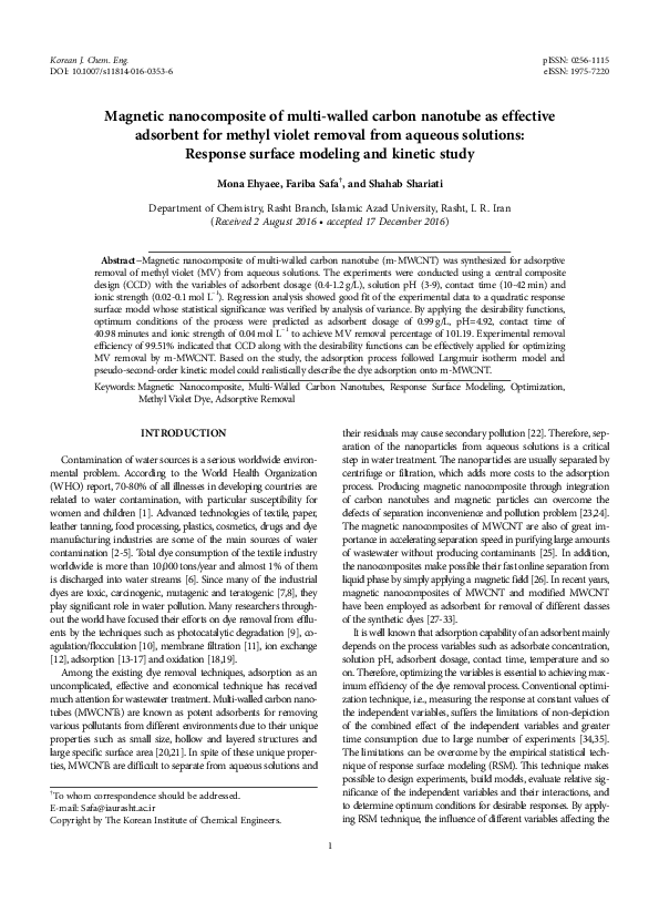 (PDF) Magnetic Multi-Walled Carbon Nanotube as an Adsorbent for Toluidine Blue O Removal from ...