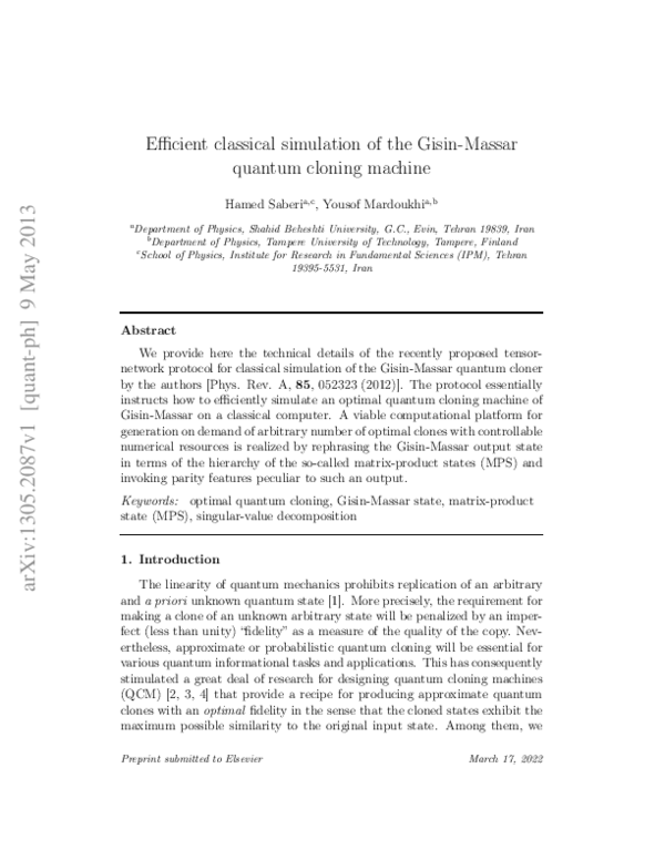 (PDF) Efficient classical simulation of the Gisin-Massar quantum cloning machine
