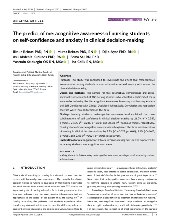 (PDF) The predict of metacognitive awareness of nursing students on self‐confidence and anxiety ...