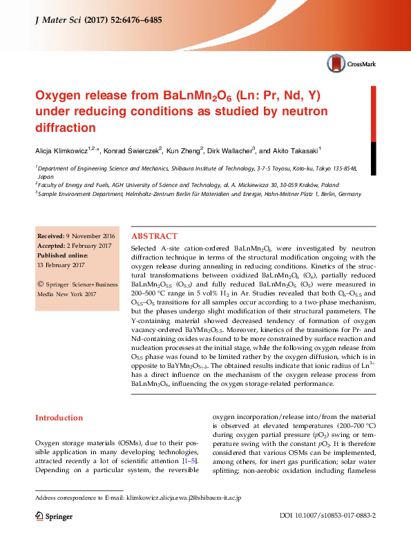 (PDF) Oxygen release from BaLnMn2O6 (Ln: Pr, Nd, Y) under reducing ...