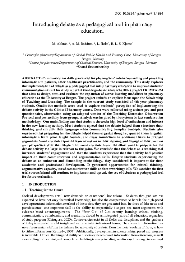 (PDF) Introducing Debate as a pedagogical tool in pharmacy education